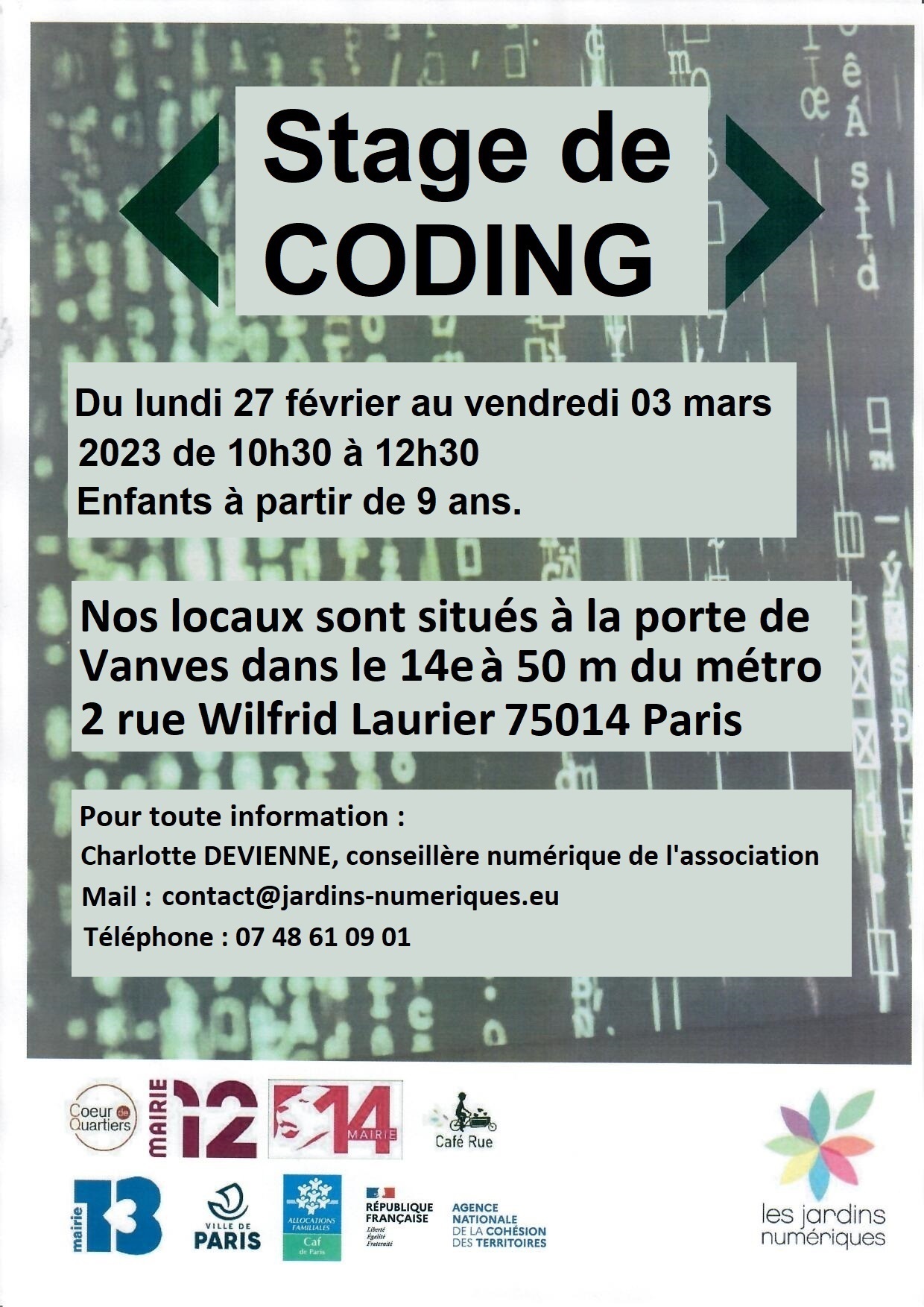 Stage Coding (programmation informatique) - Les Jardins Numériques 2 Rue Wilfrid Laurier 75014 ...
